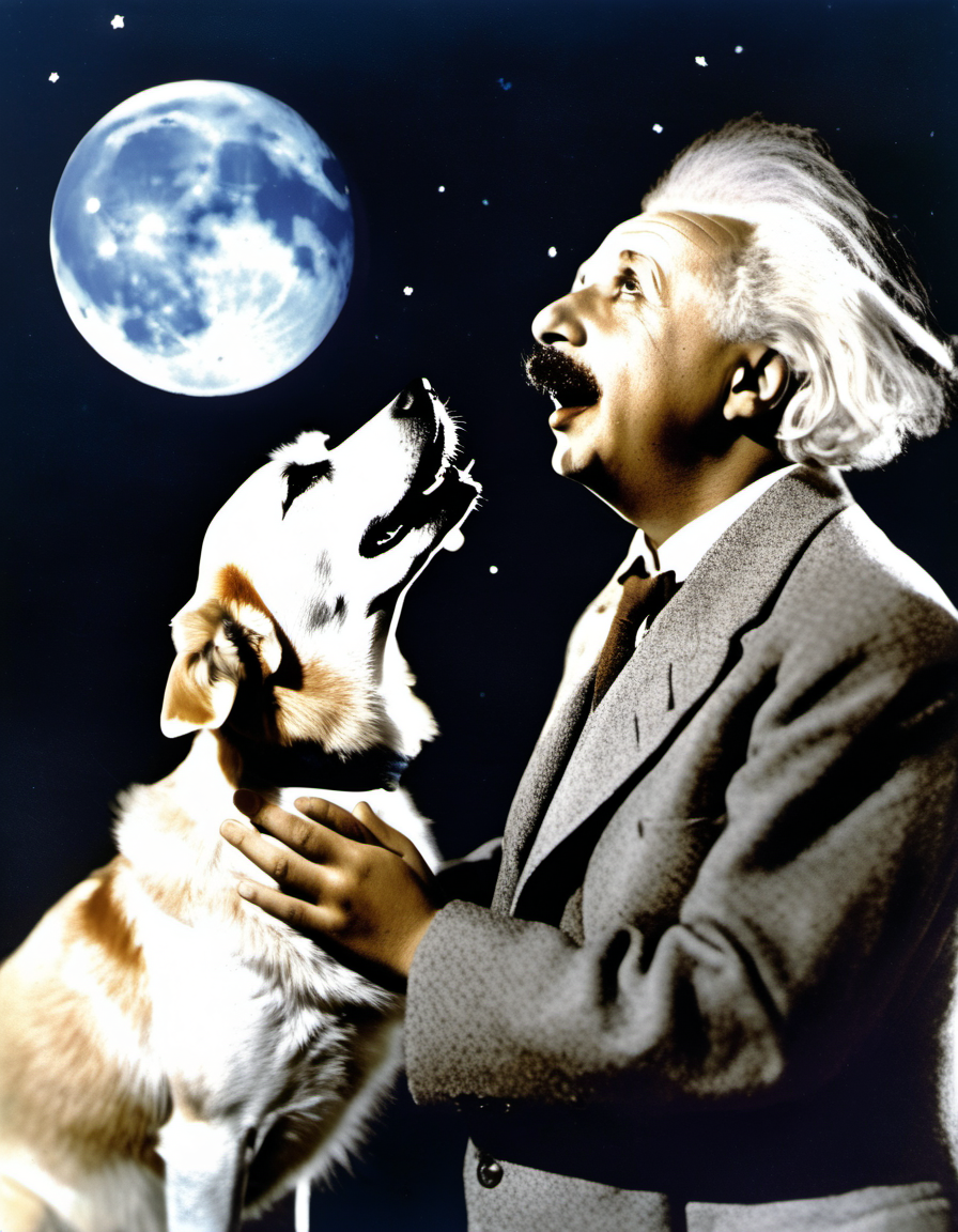 An AI image (Dog howling at the moon) in the style of Albert Einstein ...