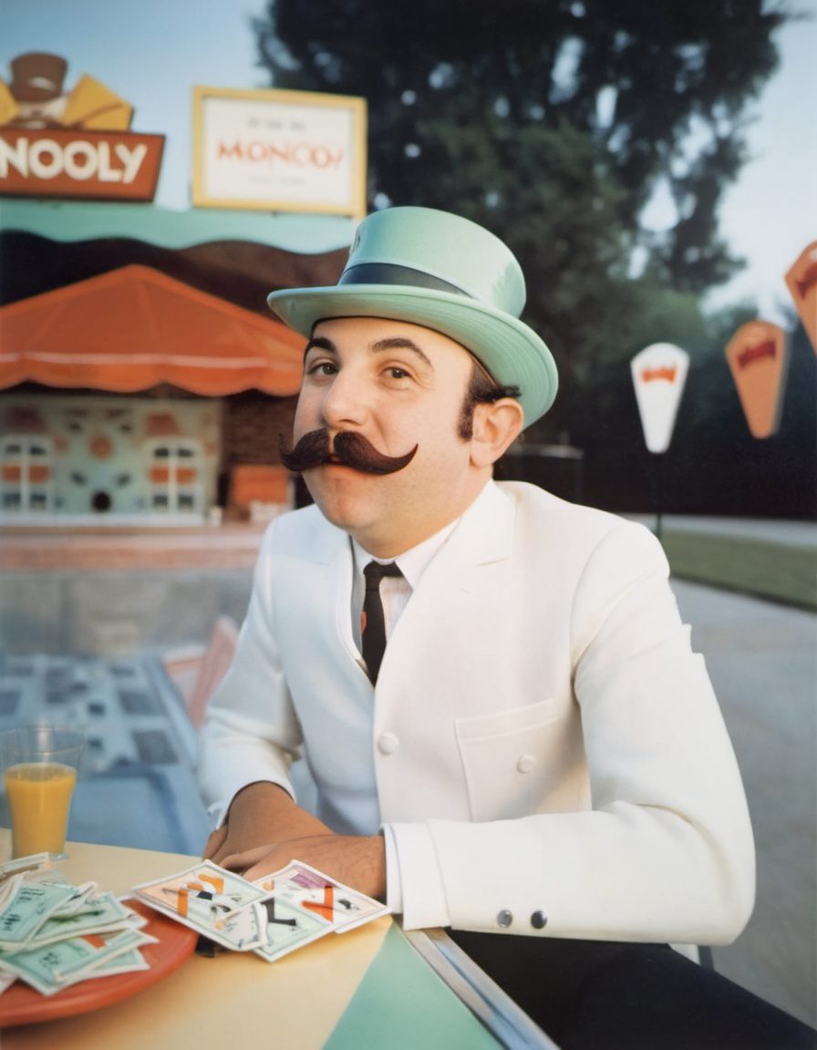 An AI image (Monopoly man) in the style of William Eggleston ...