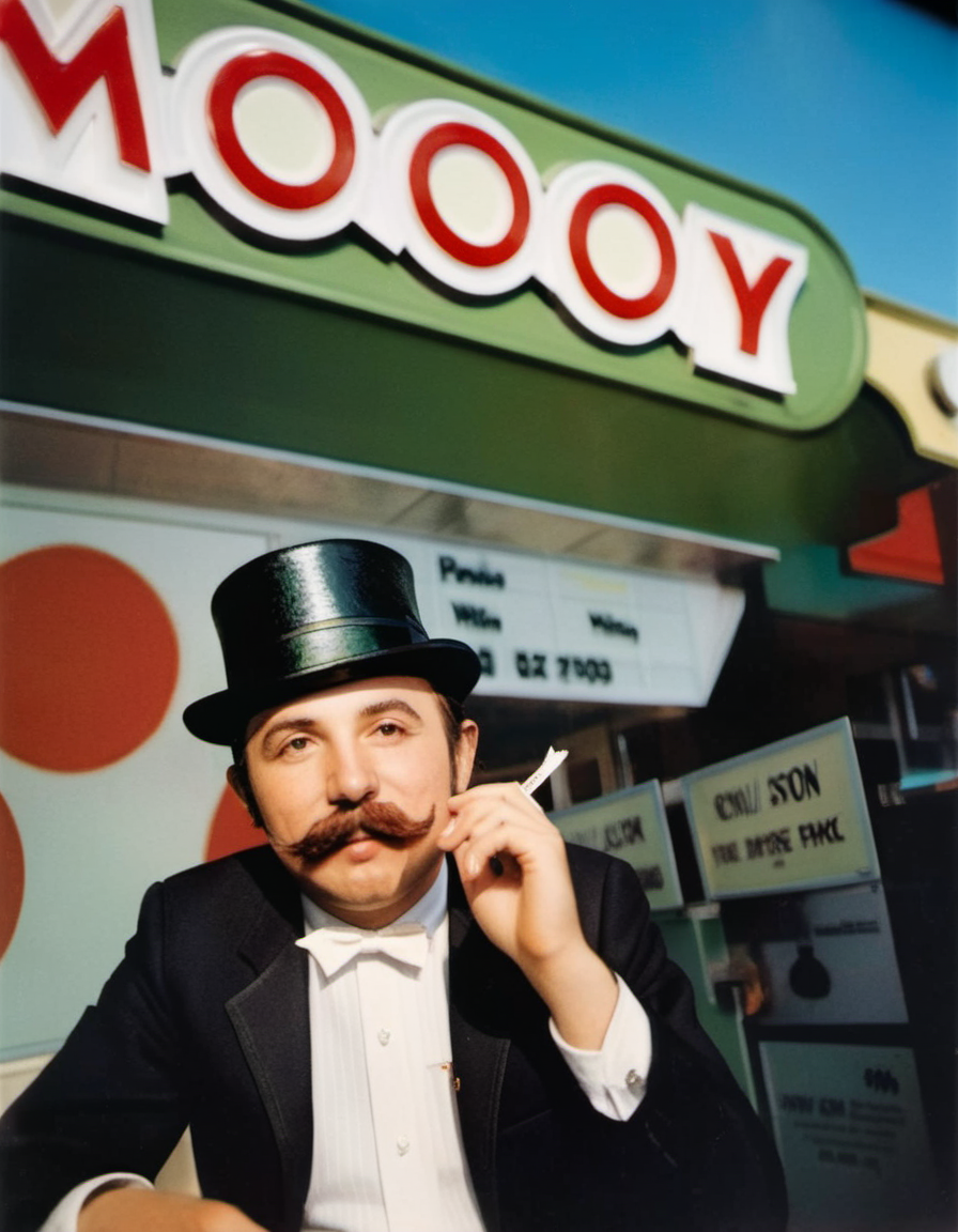 An AI image (Monopoly man) in the style of William Eggleston ...