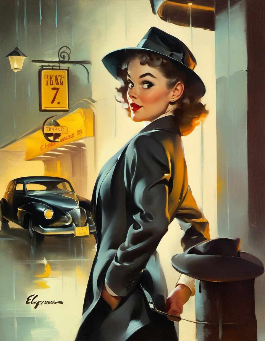 An AI image (Noir detective) in the style of Gil Elvgren - StableGenius.ai