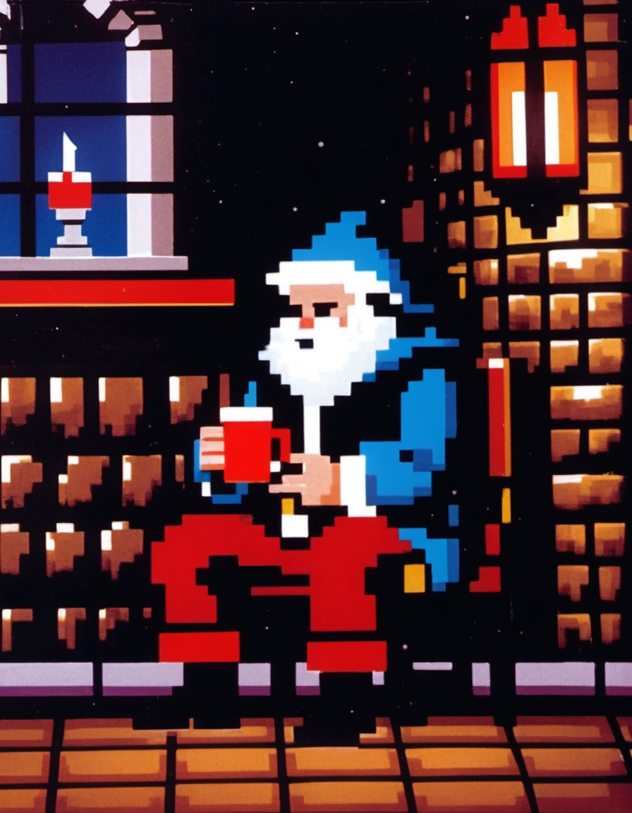 An AI image (Santa in January) in the style of Vintage Video Game ...
