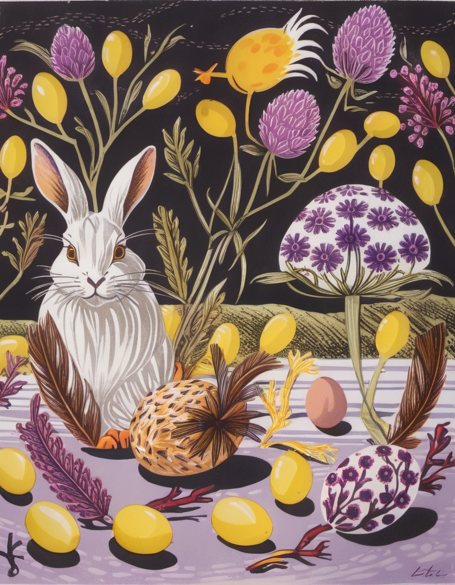 An AI image (Easter Rabbit) in the style of Angie Lewin - StableGenius.ai